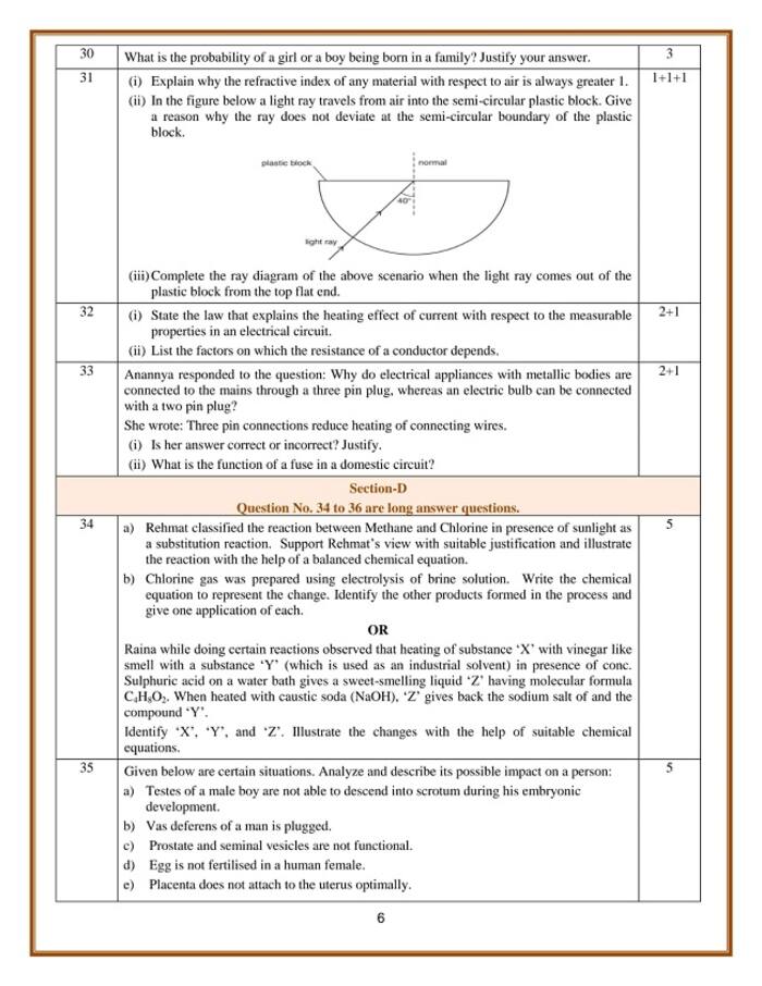 CBSE Class 10th Science Sample Paper 2023-24 And Marking Scheme ...