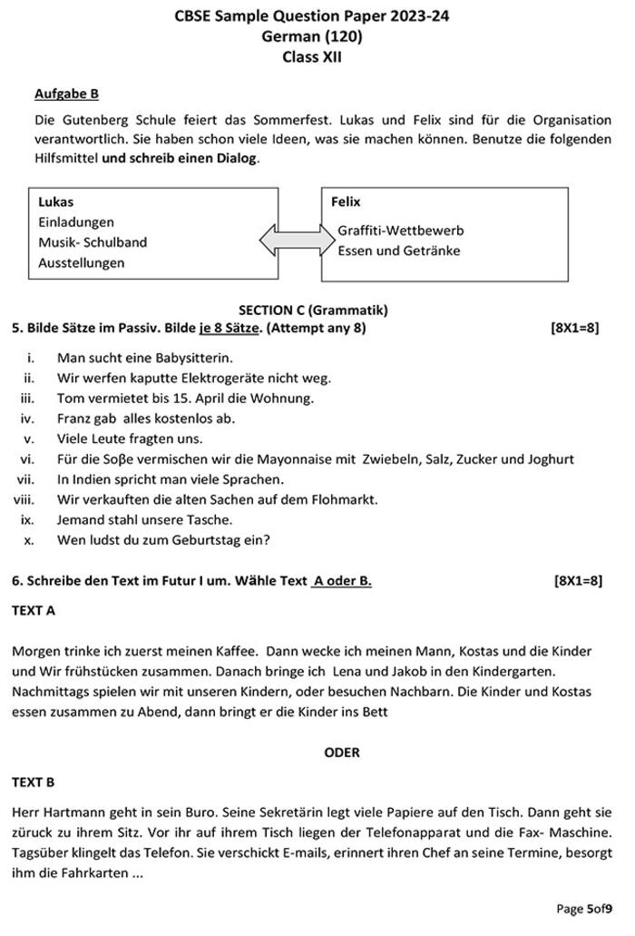 CBSE Class 12th German Sample Paper 2023-24. See PHOTOS HERE
