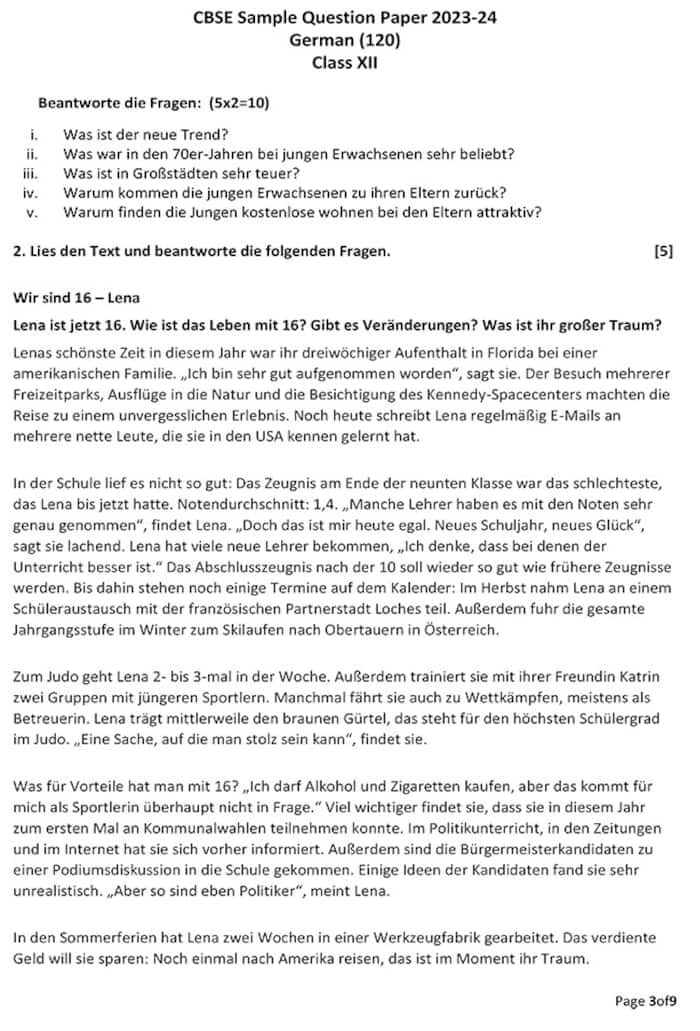 CBSE Class 12th German Sample Paper 2023-24. See PHOTOS HERE