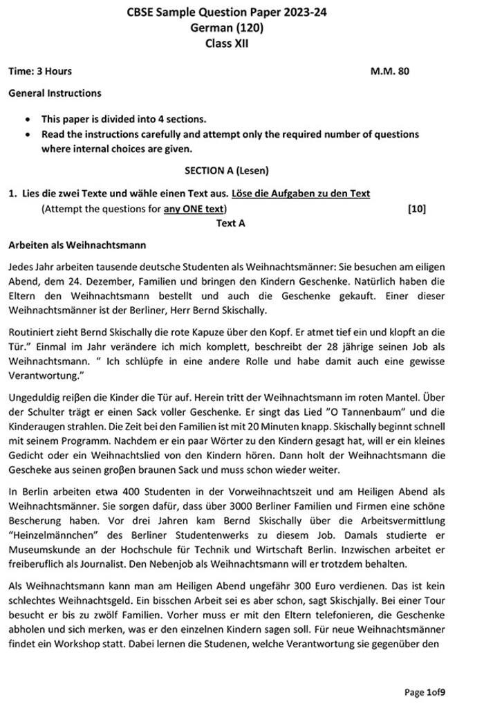 CBSE Class 12th German Sample Paper 2023-24. See PHOTOS HERE