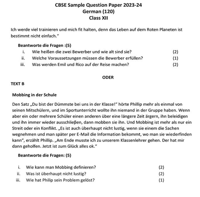 CBSE Class 12th German Sample Paper 2023-24. See PHOTOS HERE