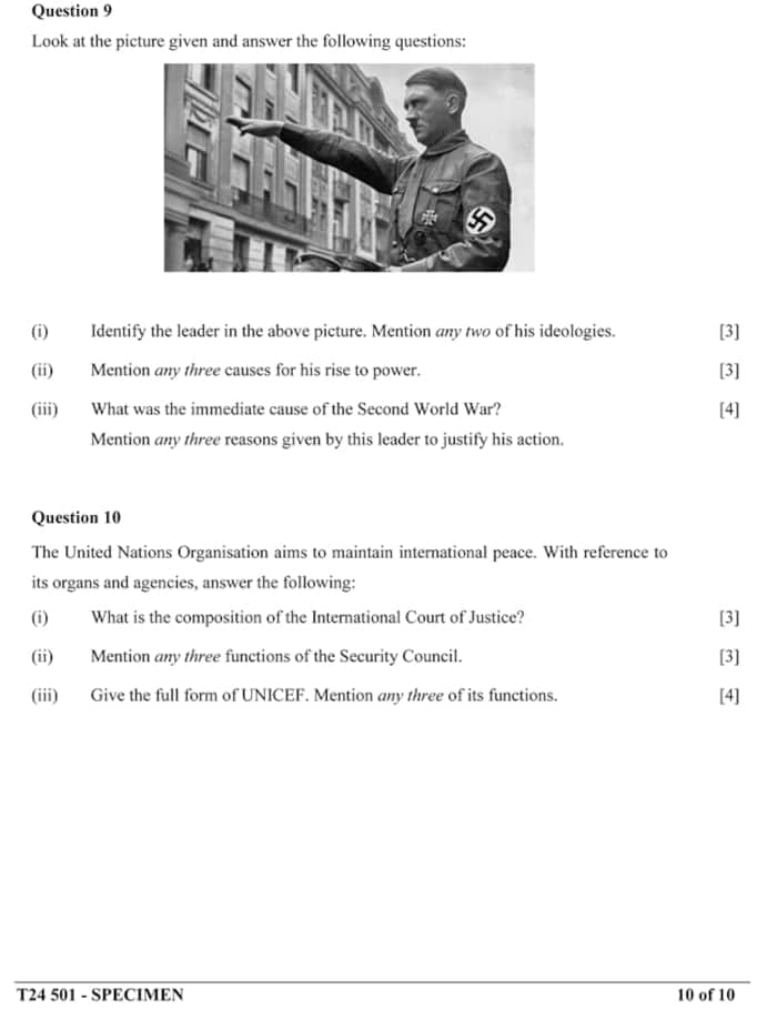 CISCE ICSE Class 10th History & Civics Specimen Question Paper 2024 ...