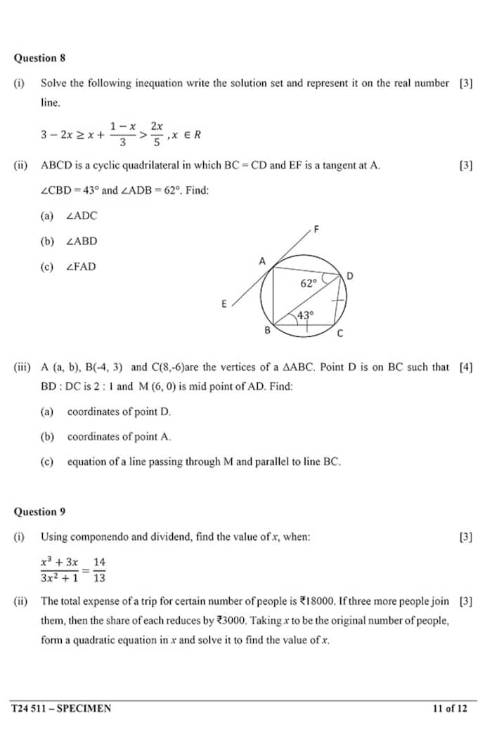 CISCE ICSE Class 10th Mathematics Specimen Question Paper 2024. See ...
