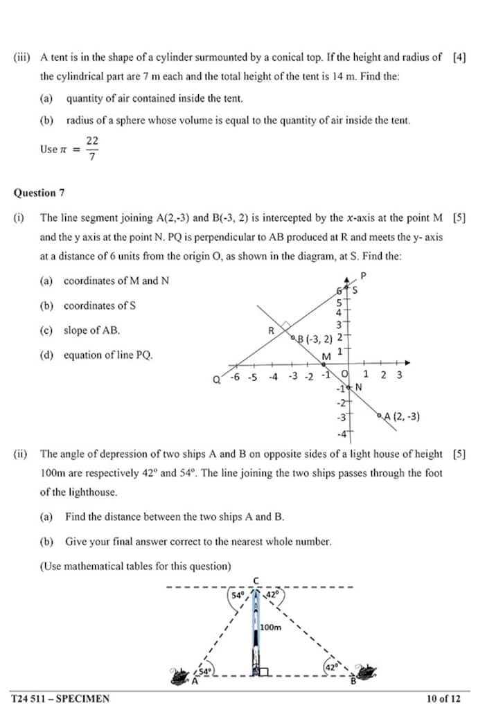 CISCE ICSE Class 10th Mathematics Specimen Question Paper 2024. See ...