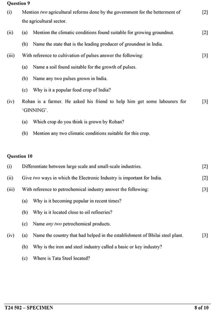 CISCE ICSE Class 10th Geography Specimen Question Paper 2024. See ...