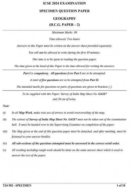 CISCE ICSE Class 10th Geography Specimen Question Paper See, 44% OFF