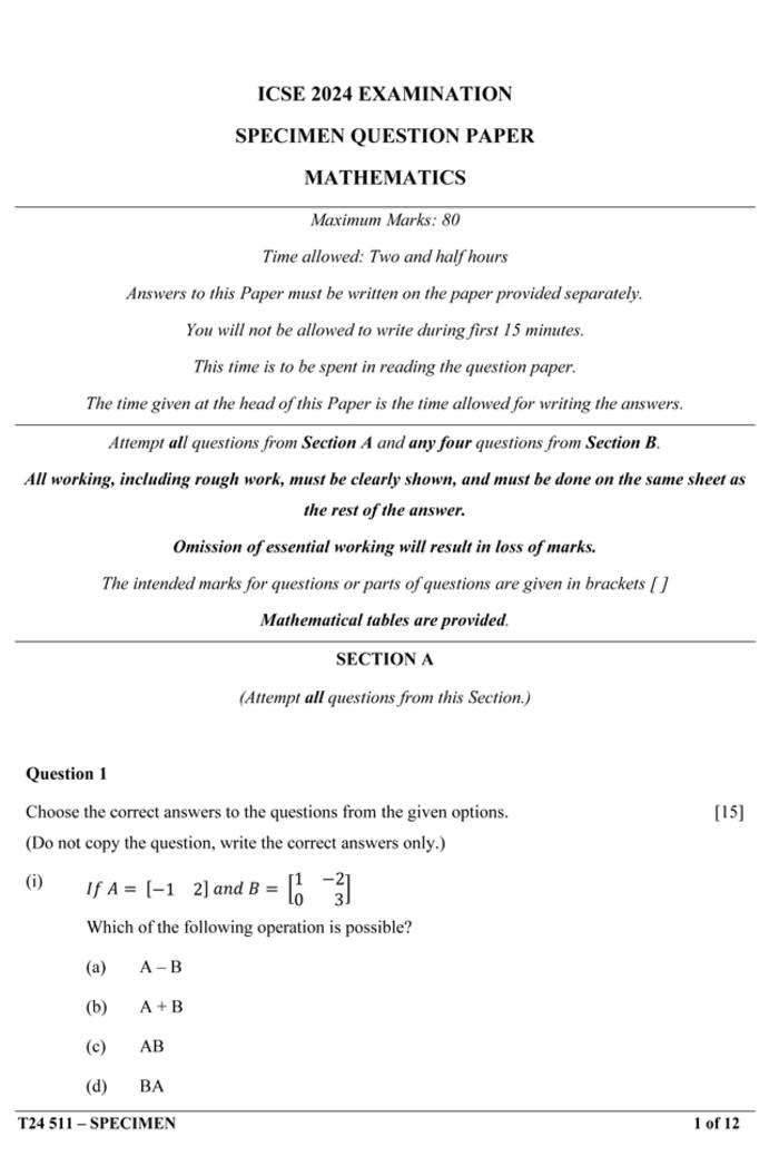 CISCE ICSE Class 10th Mathematics Specimen Question Paper 2024. See ...