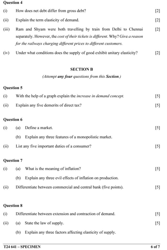CISCE ICSE Class 10th ECONOMICS Specimen Question Paper 2024. See ...