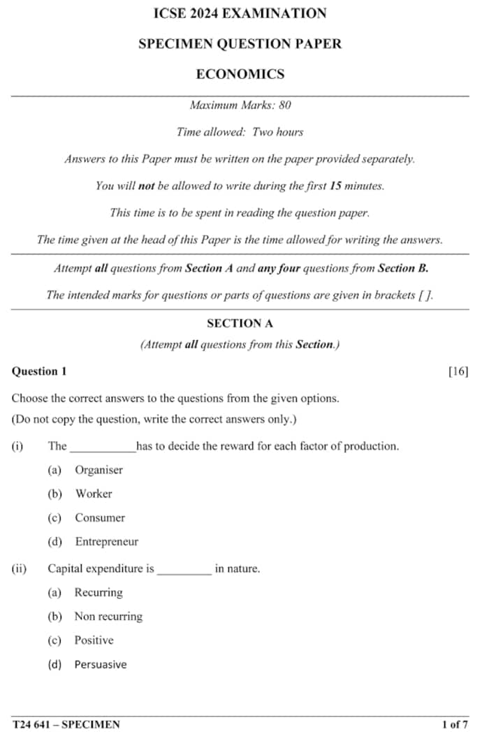 CISCE ICSE Class 10th ECONOMICS Specimen Question Paper 2024. See ...