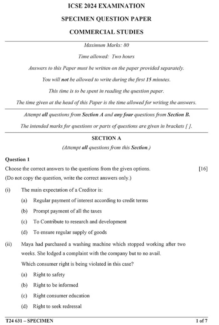 CISCE ICSE Class 10th Commercial Studies Specimen Question Paper 2024 ...