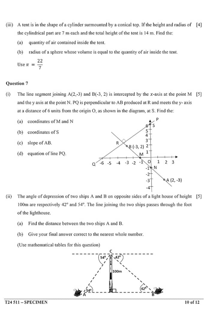 CISCE ICSE Class 10th Mathematics Specimen Question Paper 2024. See ...