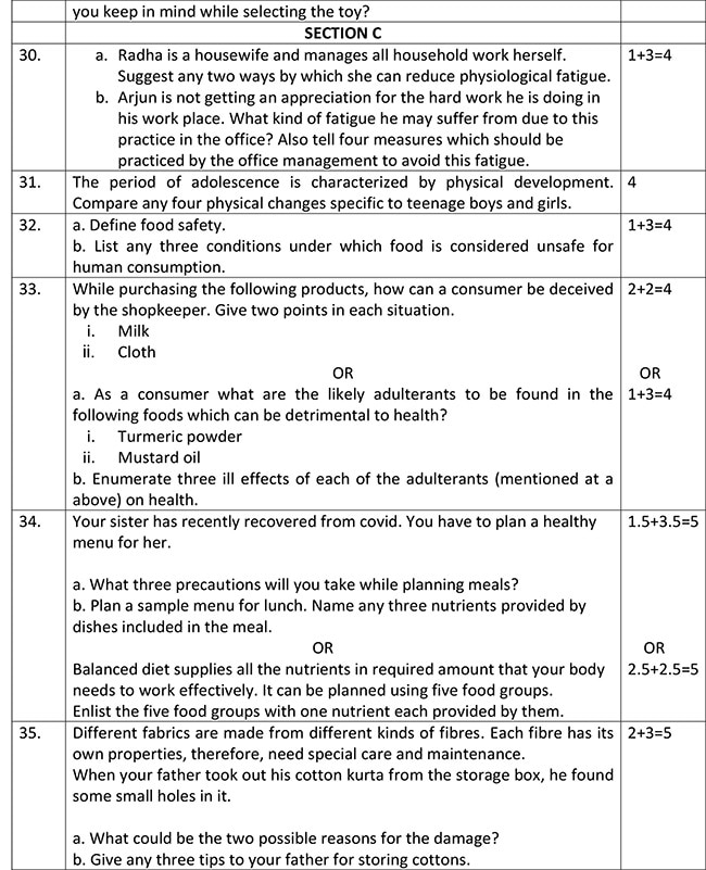 CBSE Class 10th Home Science Sample Paper 2022-23. See PHOTOS HERE