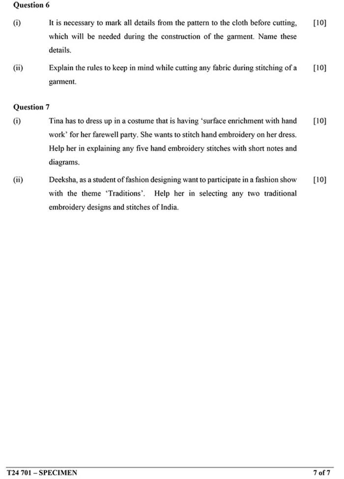 CISCE ICSE Class 12th Fashion Designing Specimen Question Paper 2024 ...