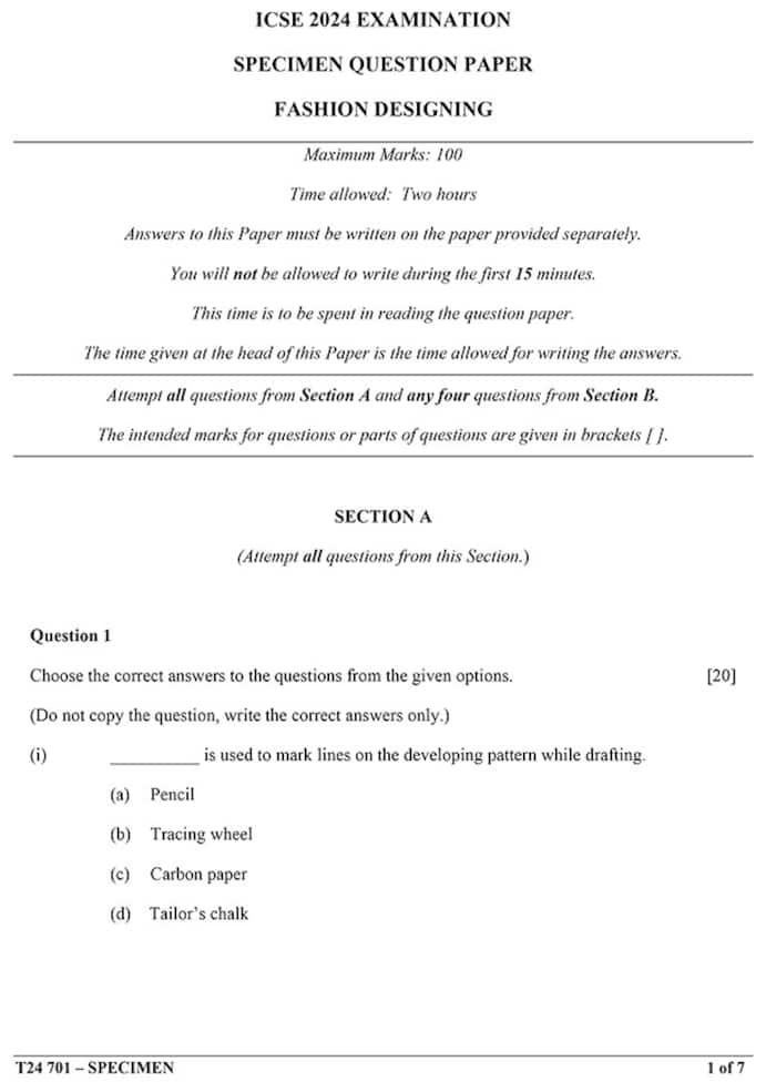 CISCE ICSE Class 12th Fashion Designing Specimen Question Paper 2024 ...