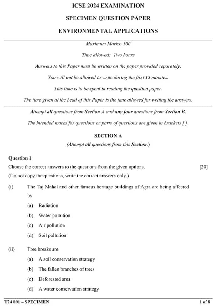 CISCE ICSE Class 10th Environmental Applications Specimen Question Paper 2024. See PHOTOS HERE