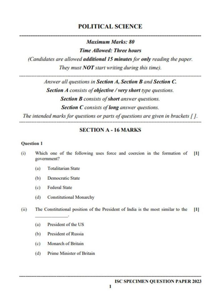 ISC Class 12 Political Science Specimen Question Paper 2023