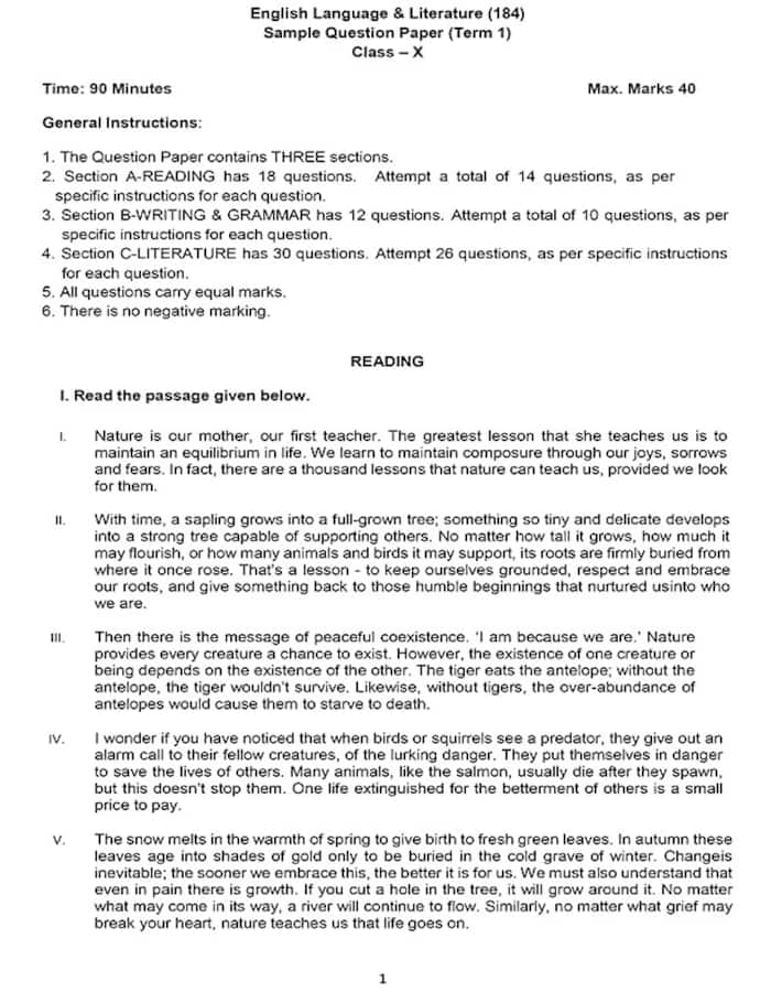 CBSE Class 10th English Language & Literature Sample Question Paper ...