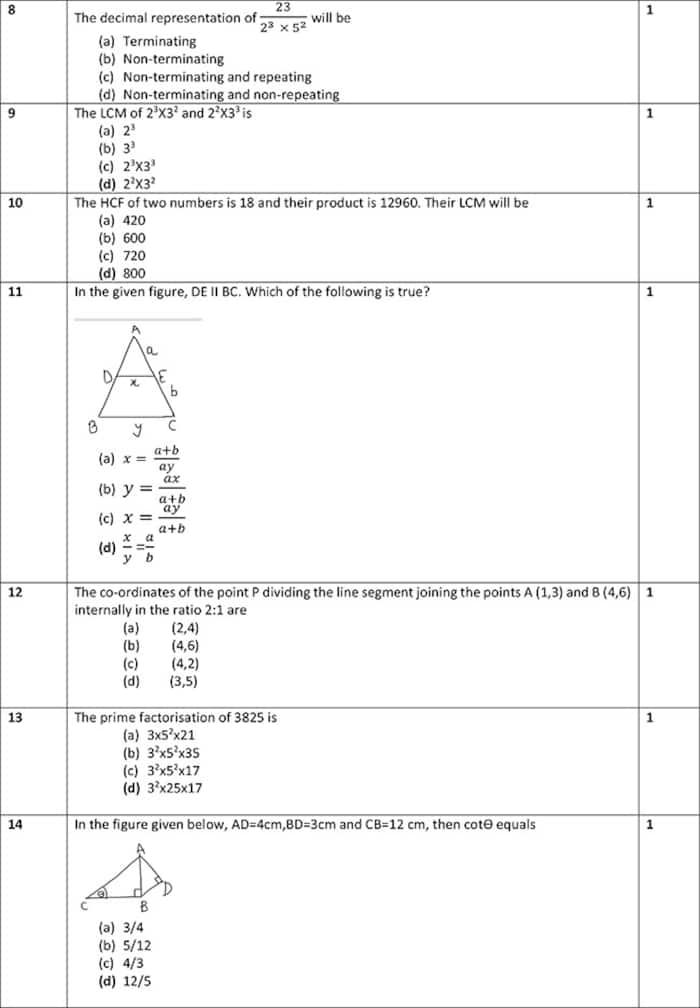 CBSE Class 10th Mathematics (Basic) Sample Question Paper (TERM – I ...