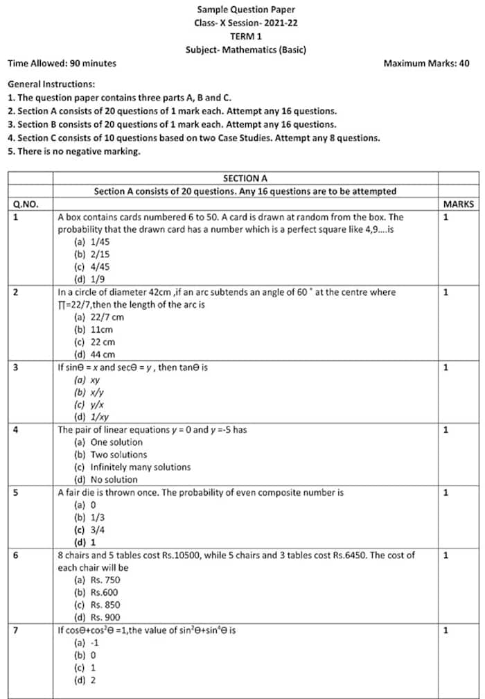CBSE Class 10th Mathematics (Basic) Sample Question Paper (TERM – I ...