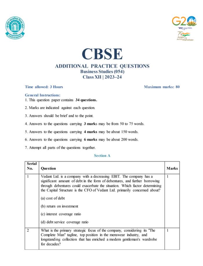 CBSE Class 12 Business Studies Additional Practice Question Papers 2023–24