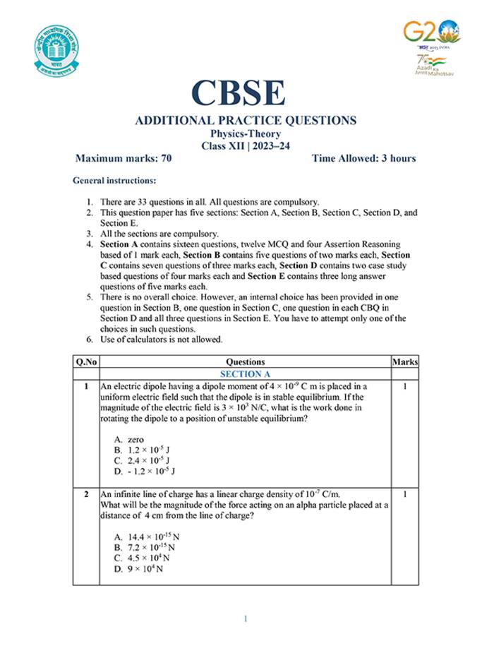 CBSE Class 12 Physics Additional Practice Question Papers 2023–24
