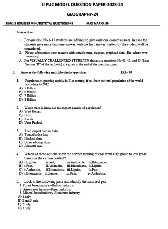Karnataka 2nd PUC Geography Model Question Papers 2024