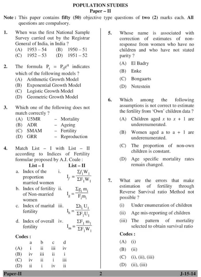UGC NET June 2014 Population Studies (Paper-II) Question Paper