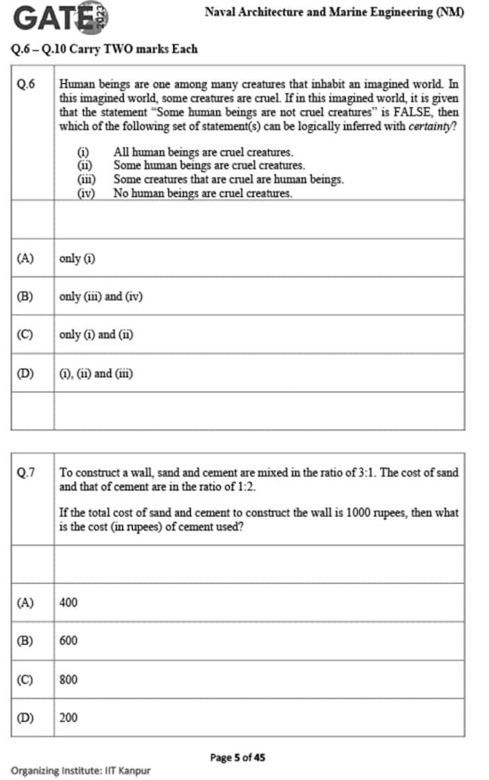 GATE 2023 Naval Architecture and Marine Engineering (NM) Question Paper