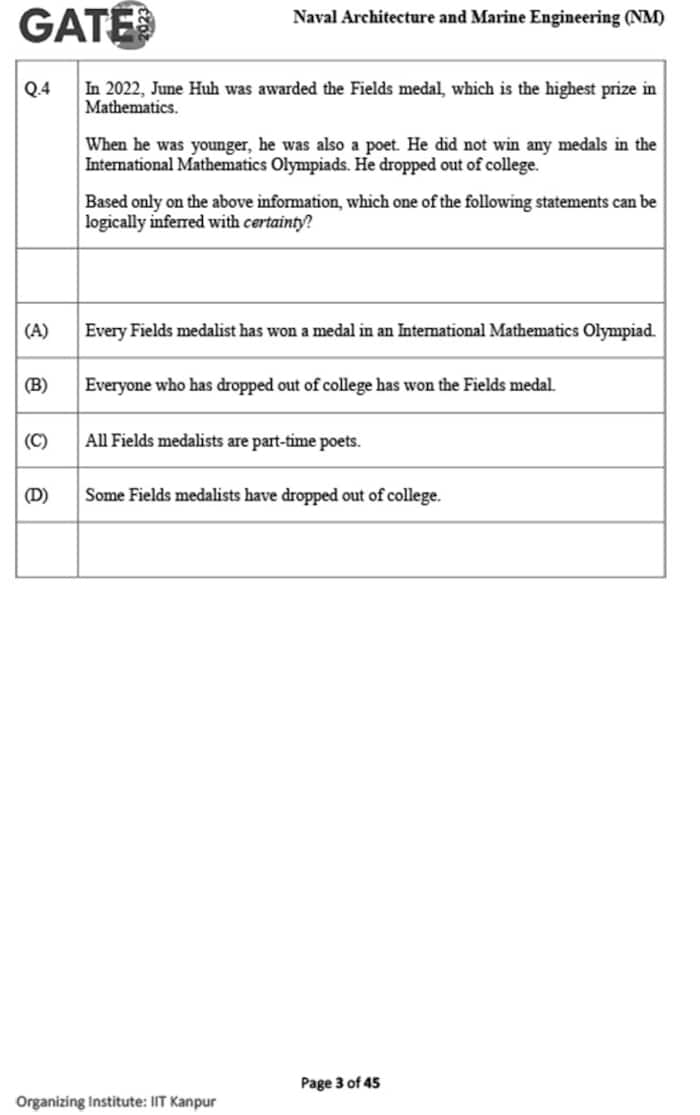 GATE 2023 Naval Architecture and Marine Engineering (NM) Question Paper