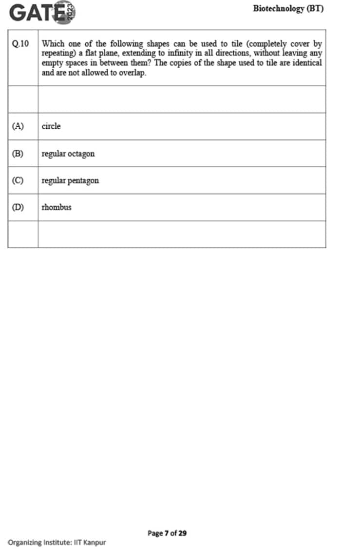 GATE 2023 Biotechnology(BT) Question Paper