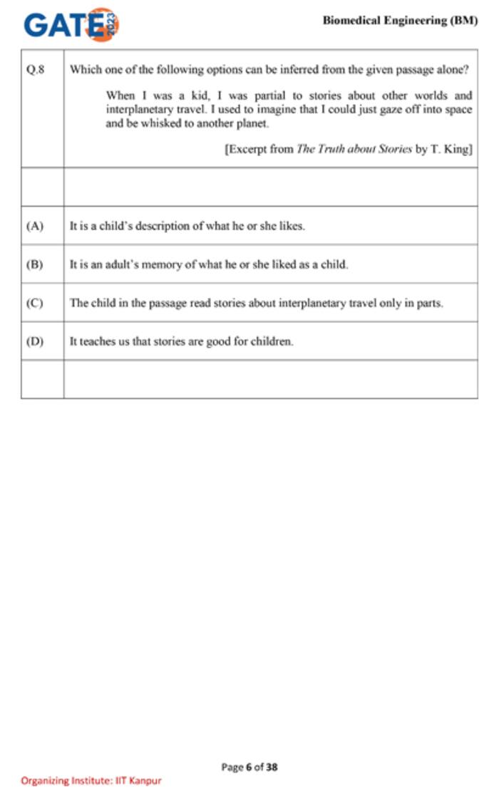 GATE 2023 Biomedical Engineering (BM) Question Paper