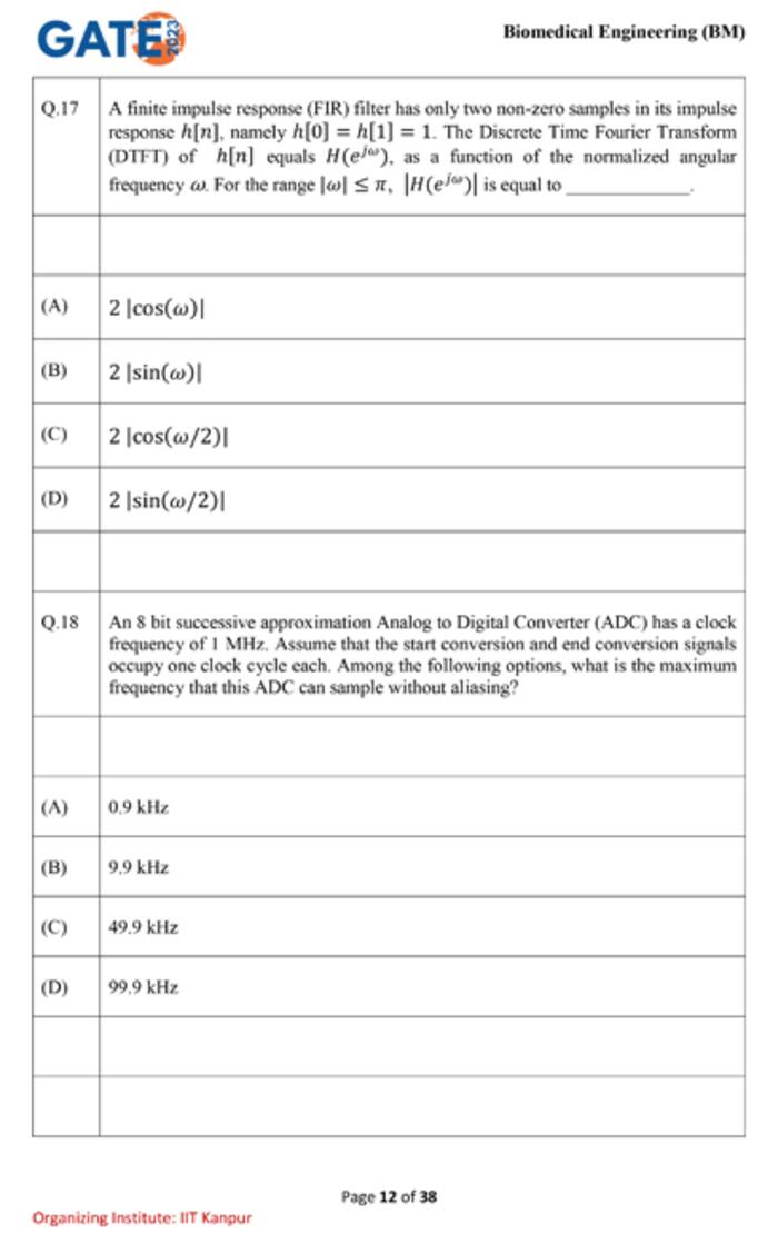 GATE 2023 Biomedical Engineering (BM) Question Paper