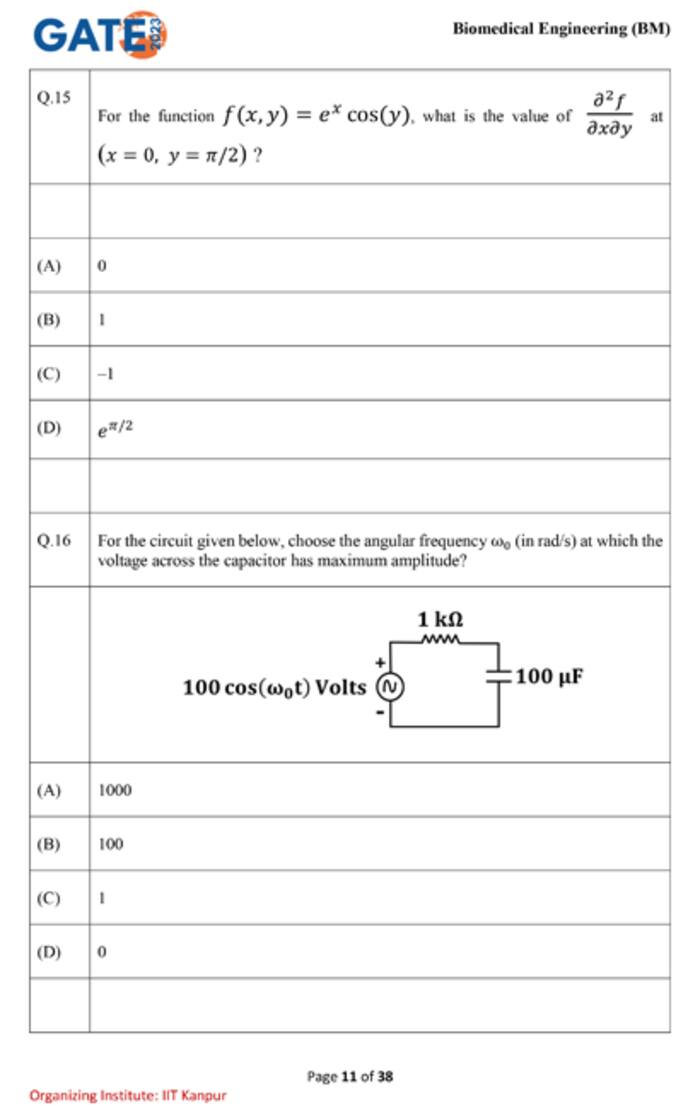 GATE 2023 Biomedical Engineering (BM) Question Paper