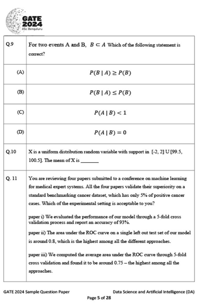 GATE 2024 Data Science And Artificial Intelligence(DA) Sample Question Paper