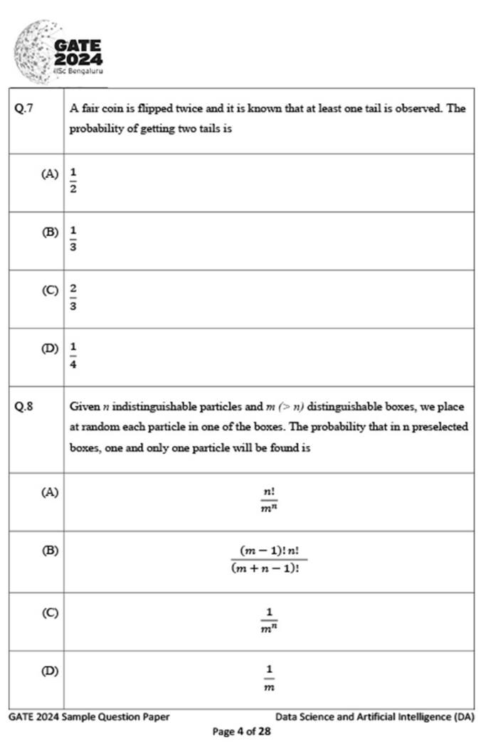 GATE 2024 Data Science And Artificial Intelligence(DA) Sample Question Paper
