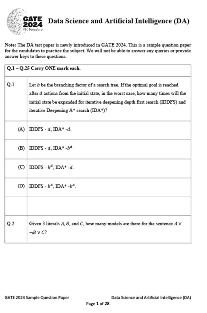 GATE 2024 Data Science And Artificial Intelligence(DA) Sample Question Paper