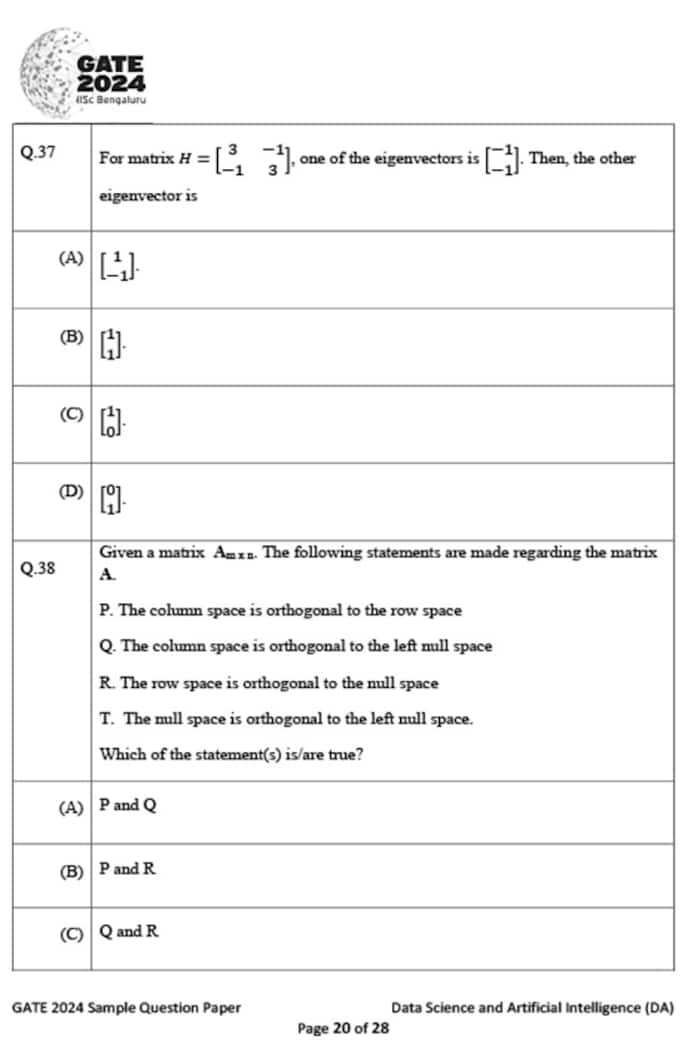 GATE 2024 Data Science And Artificial Intelligence(DA) Sample Question Paper