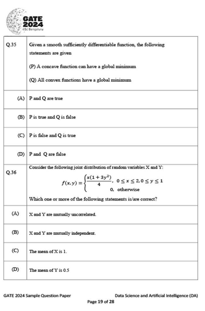 GATE 2024 Data Science And Artificial Intelligence(DA) Sample Question Paper