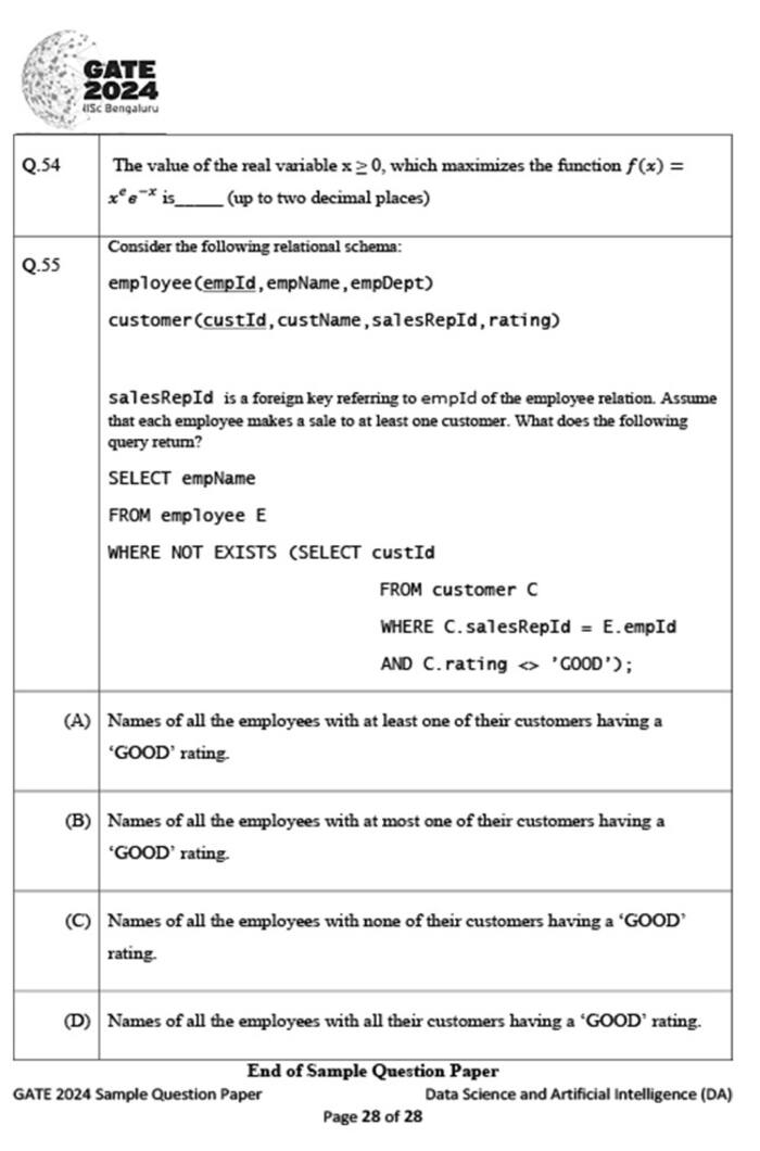 GATE 2024 Data Science And Artificial Intelligence(DA) Sample Question Paper