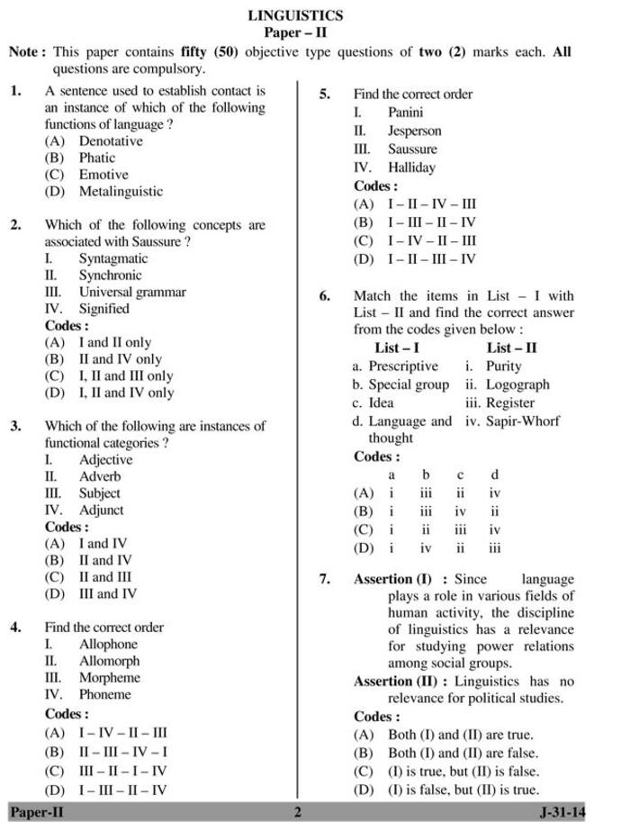 UGC NET June 2014 Linguistics (Paper-II) Question Paper UGC NET June 2014 Linguistics (Paper-II) Question Paper