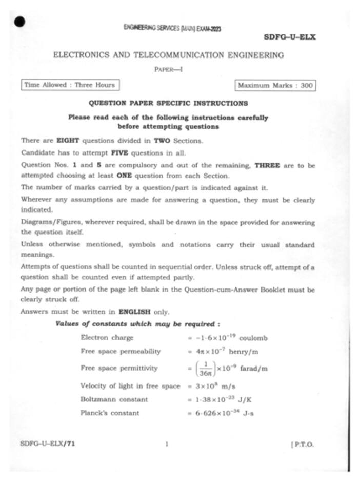 UPSC ESE (Main) 2023 Electronics and Telecommunication Engineering(Paper-I)