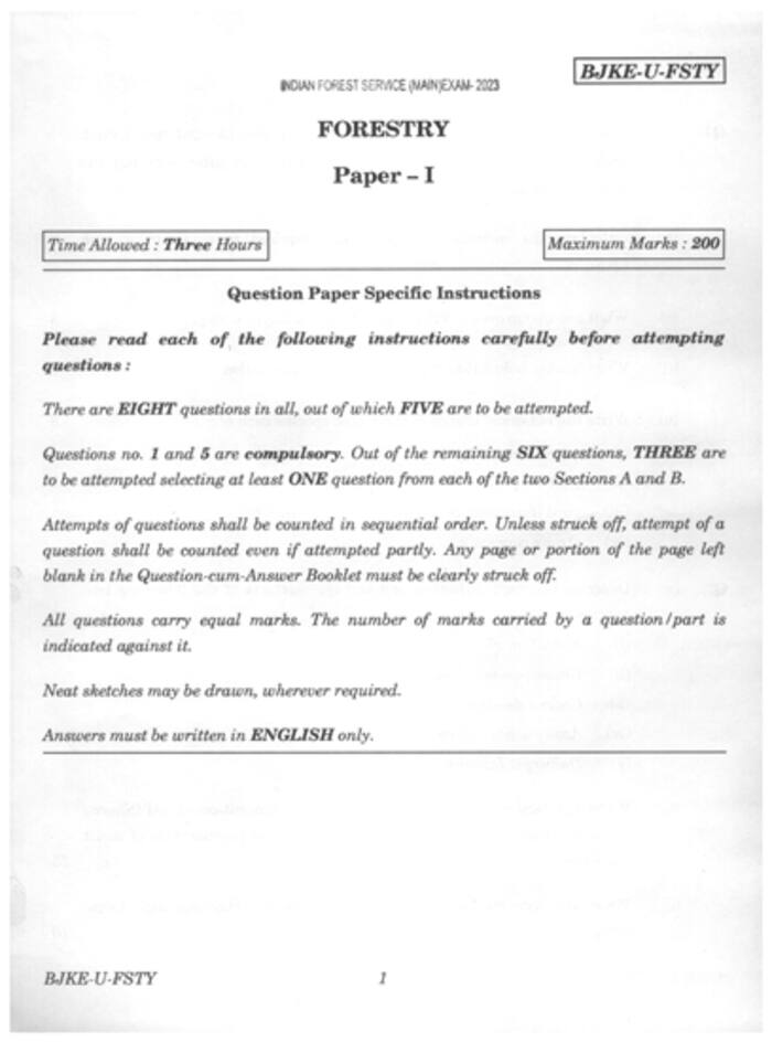 IFS (Main) Examination, 2023 Forestry(Paper-I) Question Paper
