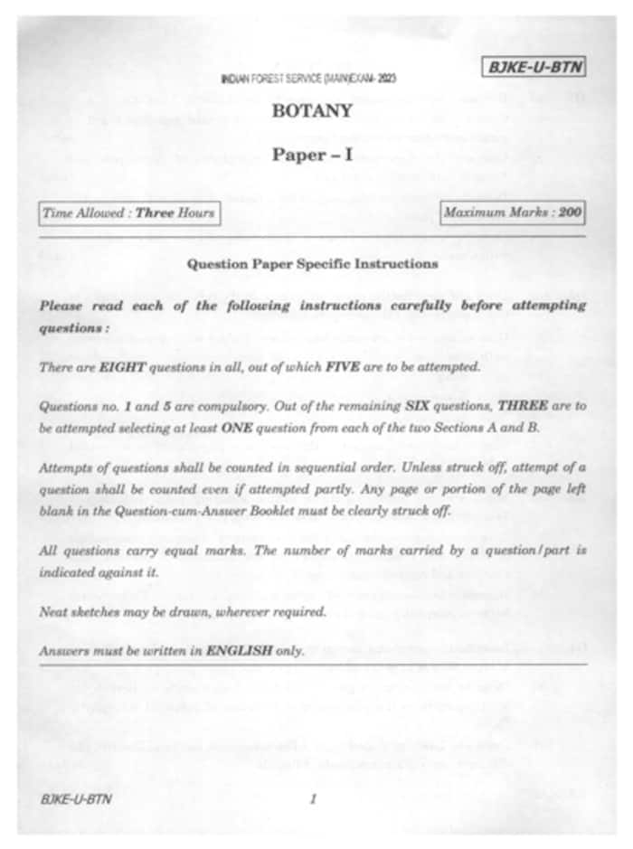 IFS (Main) Examination Botany(Paper-I) Question Paper 2023