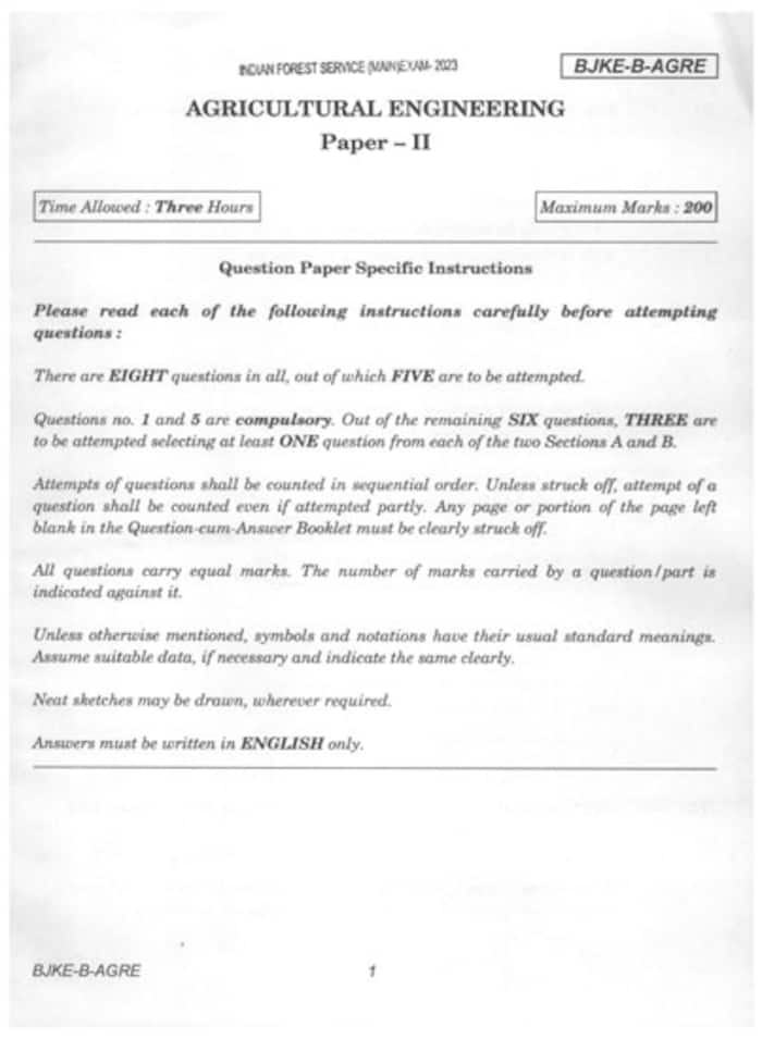 IFS (Main) Examination Agricultural Engineering(Paper-II) Question ...