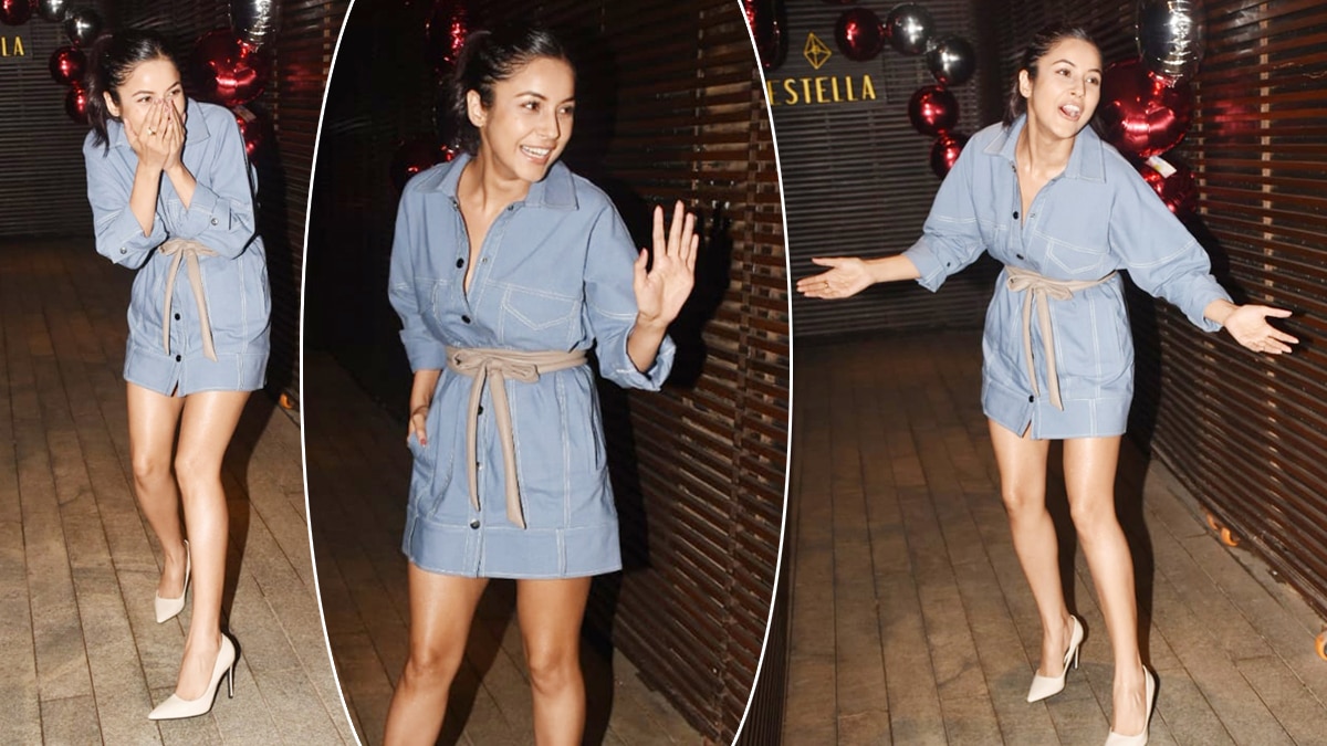 Shehnaaz Gill Is Party Ready In A Basic Blue Denim Dress With Beige ...
