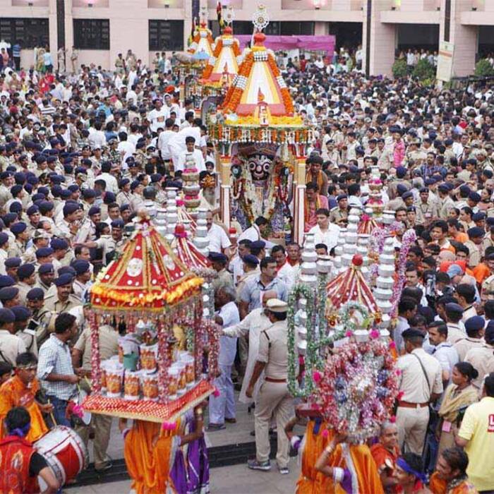 A huge crowd pulling the Lord Jagannath’s chariot in Ahmedabad during ...