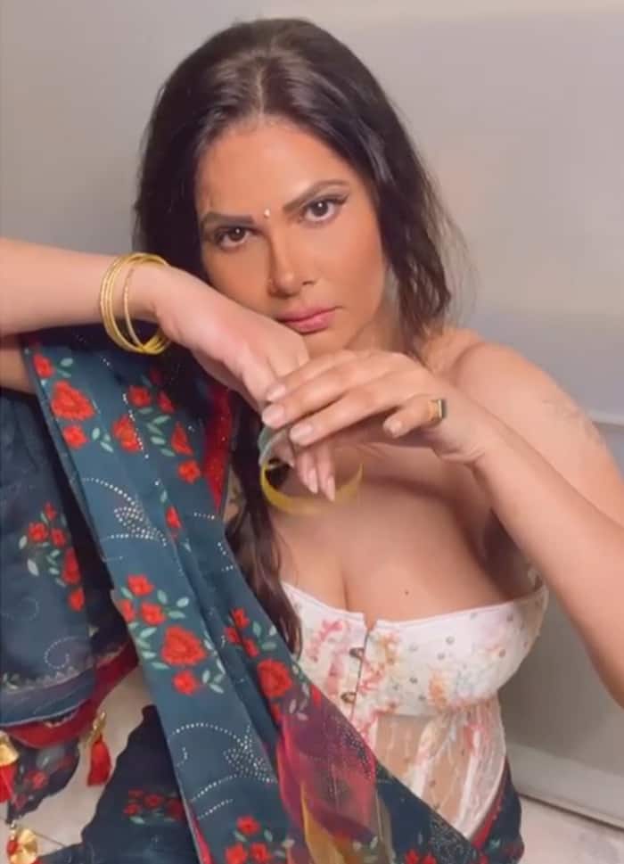 Aabha Paul Oozes Oomph in Hot White Off-Shoulder Blouse And Blue Saree l PHOTOS