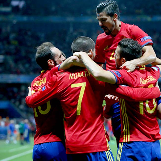 Spain’s Manuel Agudo Nolito scores the second goal against Turkey in ...