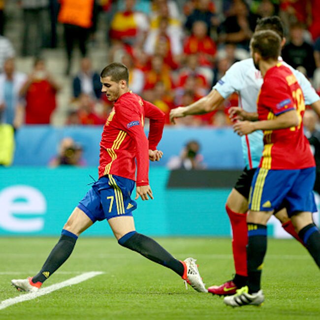 Spain’s Manuel Agudo Nolito scores the second goal against Turkey in ...