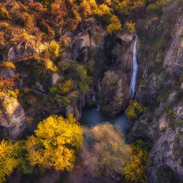 An aerial view of Hotnishki waterfall in Kaya bunar